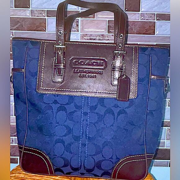 Coach | Bags | Coach Signature Jacquard Mono Totepurse Navy Blue Canvas ...